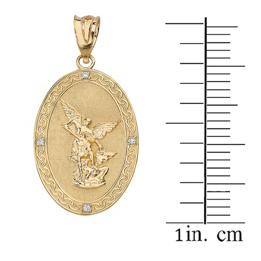 10K Yellow Gold Diamond Accented 1” Oval Saint Michael The Archangel Medal Pendant (G-H Color, SI1-SI2 Clarity)