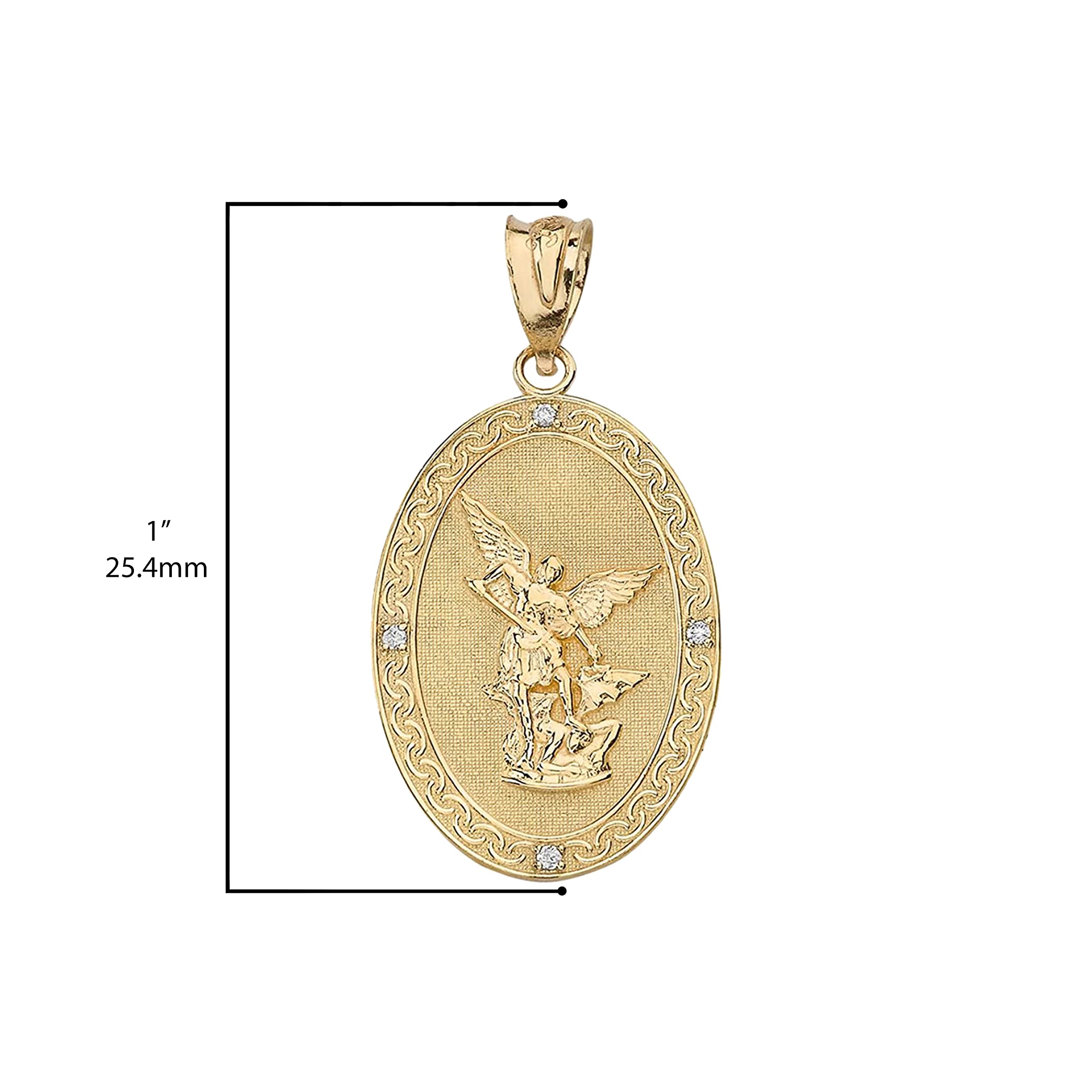 14K Yellow Gold Diamond Accented 1” Oval Saint Michael The Archangel Pendant Necklace (G-H Color, SI1-SI2 Clarity) - 18" Chain