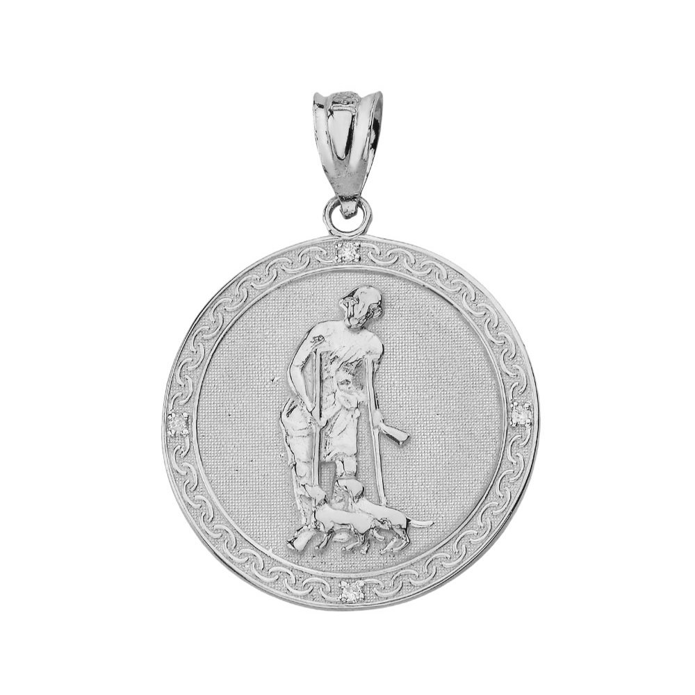 925 Sterling Silver Saint Lazarus Pray For Us Medallion CZ Charm Pendant (1")