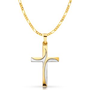 14k two tone gold cross charm pendant with 1.9mm figaro 3+1 chain necklace - 24"