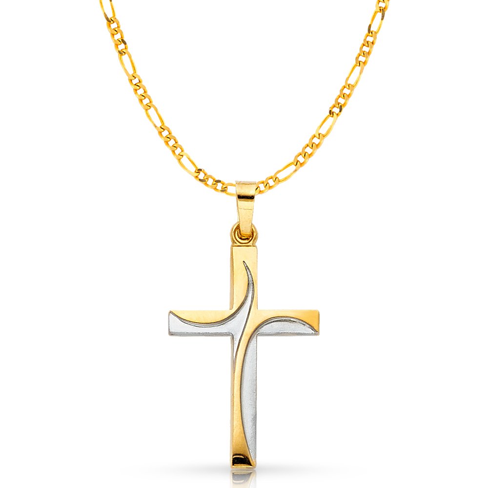 14K Two Tone Gold Cross Charm Pendant with 1.9mm Figaro 3+1 Chain Necklace - 24"