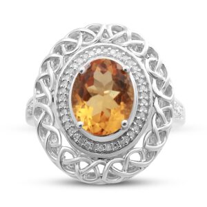 jewelili sterling silver 10x8mm oval citrine and 1/10 cttw diamond halo ring, size 7