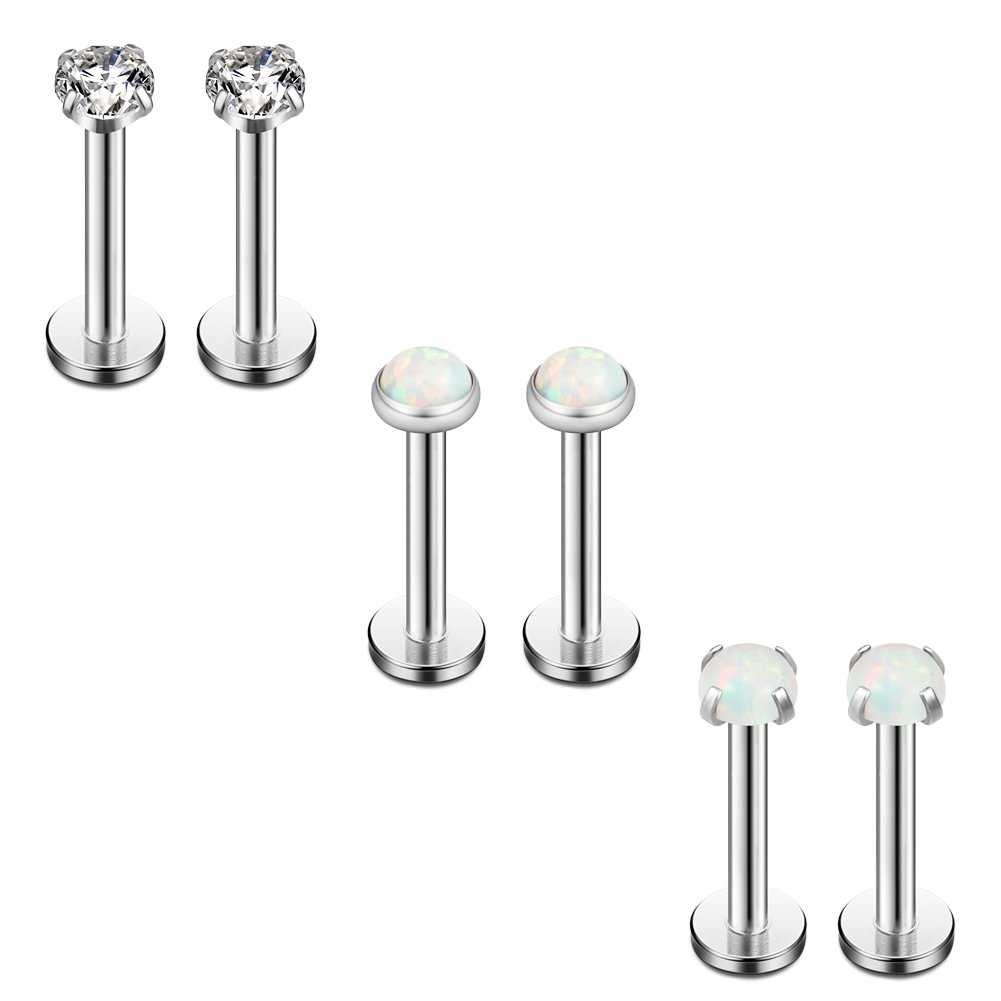 Ruifan 3mm White Opal & Clear CZ Internally Threaded Stainless Steel Labret Monroe Lip Ring Tragus Helix Earring Stud 16G 5/16" 8mm 6PCS