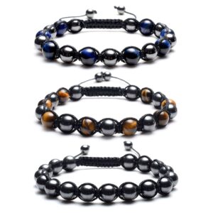 top plaza men's women's reiki healing energy natural tiger eye stone hematite therapy beads macrame adjustable braided link bracelet(set of 3)