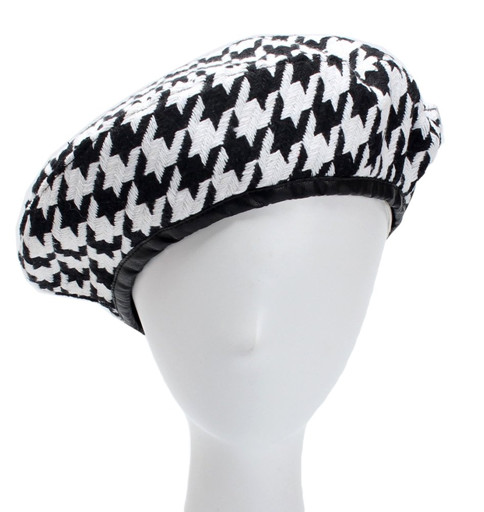 Qiabao Women's Luxury Houndstooth Pattern Beret Beanie Hat (Black/White)