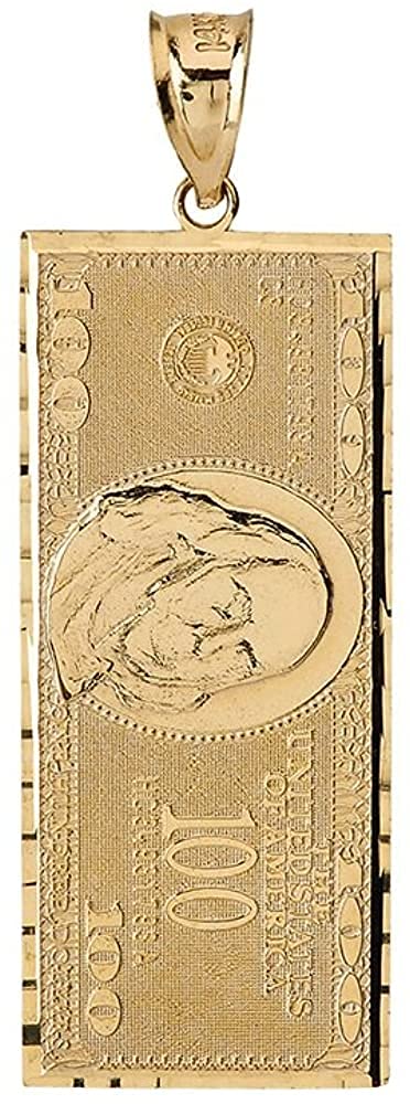 14K Yellow Gold 1.4" Benjamin's One Hundred Dollar Bill Money $ Charm Pendant