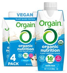 orgain organic nutritional vegan protein shake, vanilla bean - 16g plant based protein, meal replacement, 21 vitamins & minerals, fruits & vegetables, gluten free, non-gmo, 11 fl oz (pack of 4)