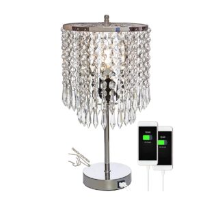 popity home crystal table lamp with touch control,silver lamp with dual usb charging ports, 3 way dimmable small glam lamp for girls bedroom, living room…