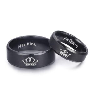 lavumo king and queen rings for couples - 2pcs his hers stainless steel matching ring sets for him and her - promise engagement wedding band black comfort fit (men 10 & women 7)