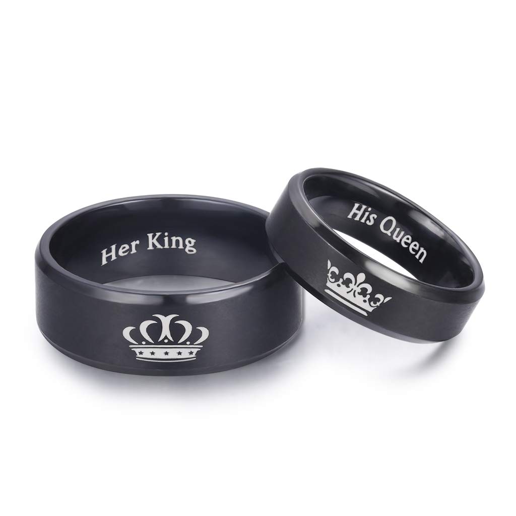 LAVUMO King and Queen Rings for Couples - 2pcs His Hers Stainless Steel Matching Ring Sets for Him and Her - Promise Engagement Wedding Band Black Comfort Fit (Men 10 & Women 7)