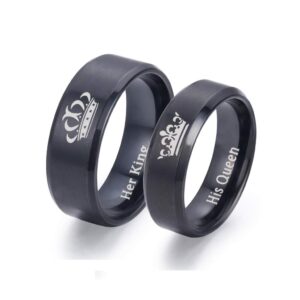 LAVUMO King and Queen Rings for Couples - 2pcs His Hers Stainless Steel Matching Ring Sets for Him and Her - Promise Engagement Wedding Band Black Comfort Fit (Men 10 & Women 7)