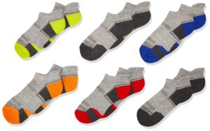 fruit of the loom boys everyday active crew - 6 pair pack casual sock, gray, orange, red, green, blue, shoe size 9-2.5 us