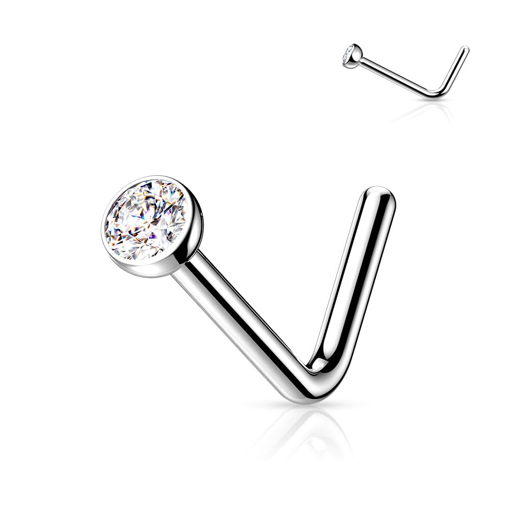 FIFTH CUE Solid Titanium Press Fit Cubic Zirconia 2mm Micro Ball Top L bend Stud Nose Ring (18G)