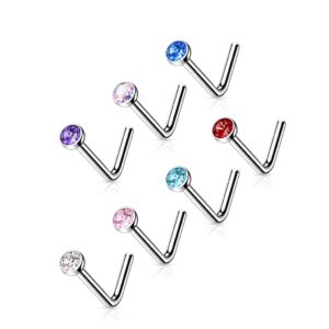 FIFTH CUE Solid Titanium Press Fit Cubic Zirconia 2mm Micro Ball Top L bend Stud Nose Ring (18G)