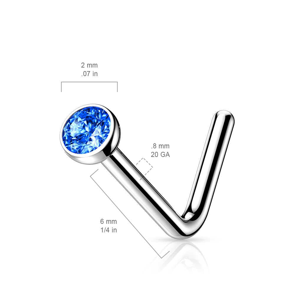 FIFTH CUE Solid Titanium Press Fit Cubic Zirconia 2mm Micro Ball Top L bend Stud Nose Ring (18G)