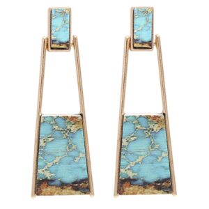 bonaluna bohemian wood and marble effect oblong shaped yellow-gold-plated-bronze drop statement earrings (turquoise)