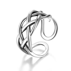 candyfancy celtic knot ring 925 sterling silver open middle finger knuckle thumb rings for women adjustable size(four line twist)