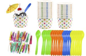 8 ounce polka dot paper ice cream cups - plastic spoons - paper umbrellas - blue orange yellow green - ice cream sunddae kit for 24