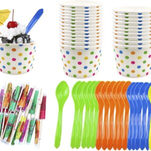 8 Ounce Polka Dot Paper Ice Cream Cups - Plastic Spoons - Paper Umbrellas - Blue Orange Yellow Green - Ice Cream Sunddae Kit for 24