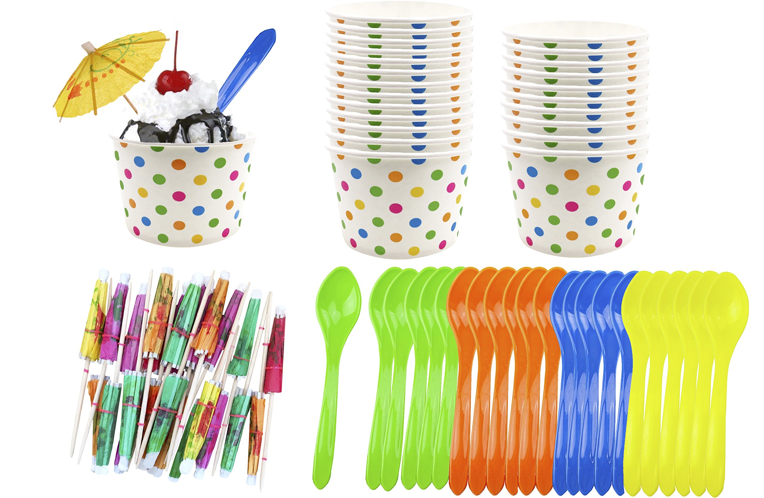 8 Ounce Polka Dot Paper Ice Cream Cups - Plastic Spoons - Paper Umbrellas - Blue Orange Yellow Green - Ice Cream Sunddae Kit for 24