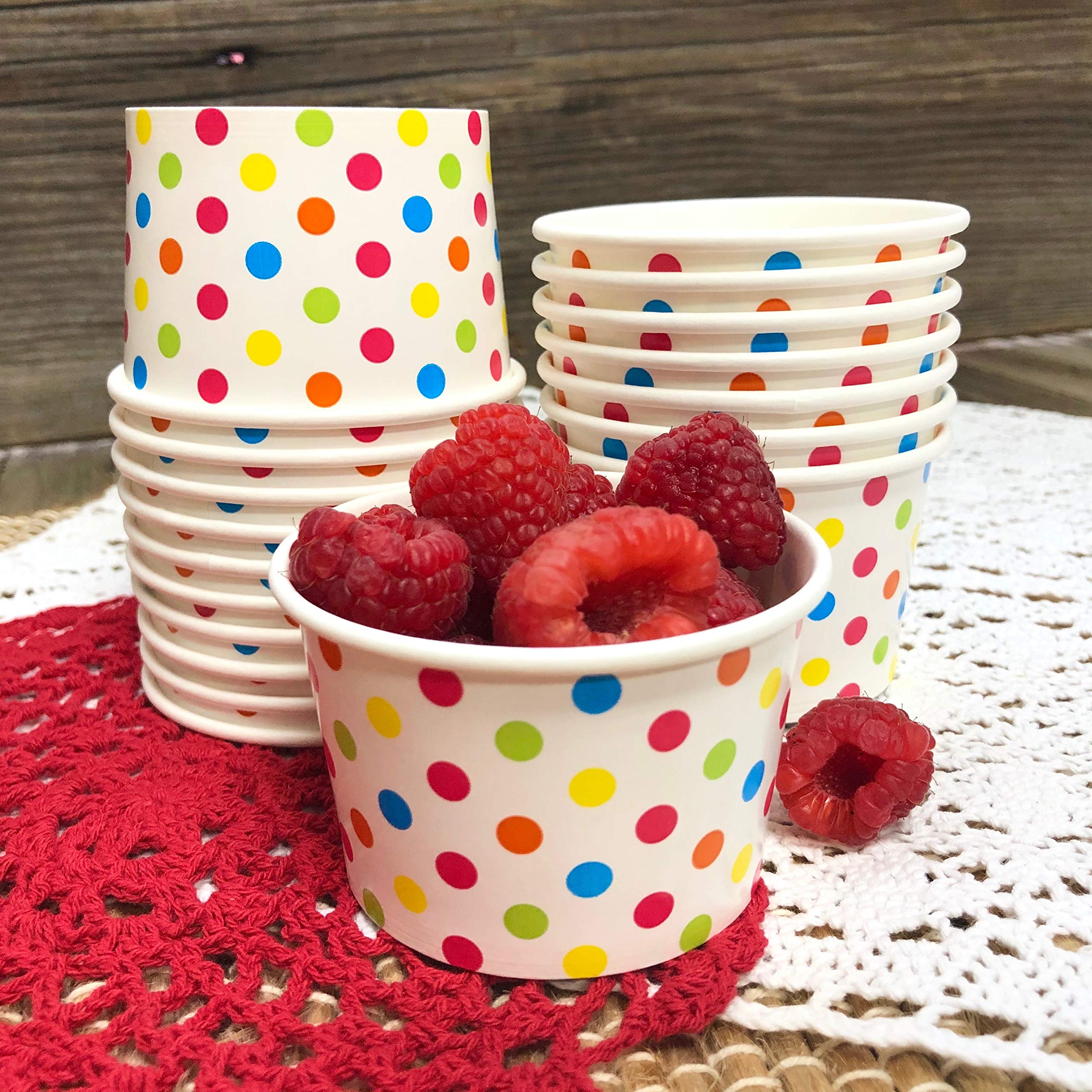 8 Ounce Polka Dot Paper Ice Cream Cups - Plastic Spoons - Paper Umbrellas - Blue Orange Yellow Green - Ice Cream Sunddae Kit for 24