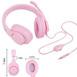 BlueFire Kids Headphones for Online School, Children, Teens, Boys, Girls, 3.5mm Stereo Over-Ear Gaming Headphone with Microphone and Volume Control for PS4, PS5, New Xbox One（Pink）