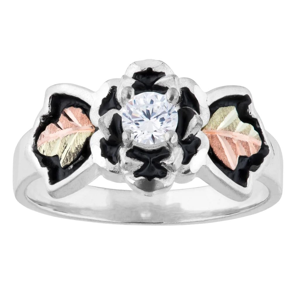 Antiqued Black Hills Flower Ring with 4 MM Synthetic Round White CZ