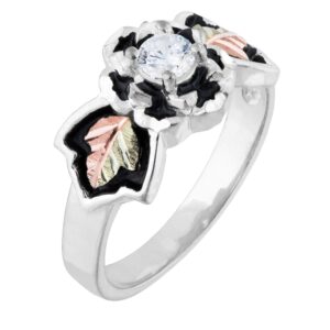 Antiqued Black Hills Flower Ring with 4 MM Synthetic Round White CZ