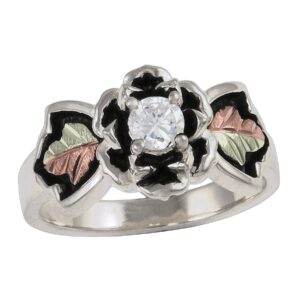 Antiqued Black Hills Flower Ring with 4 MM Synthetic Round White CZ