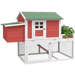 pawhut 63" wooden chicken coop hen house poultry cage for outdoor backyard with raised garden bed, run area, nesting box and removable tray, red