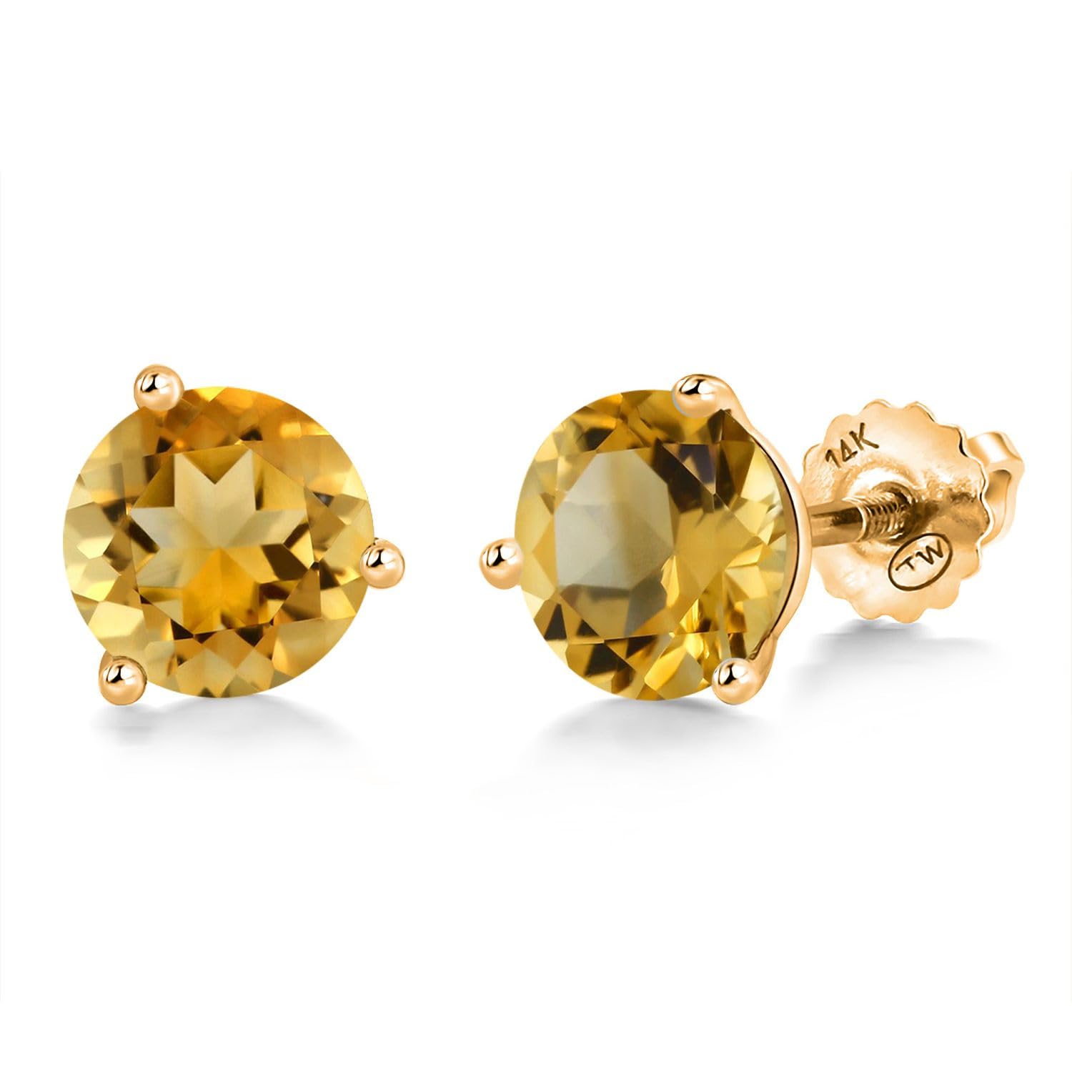 Gem Stone King 14K Yellow Gold Martini Earrings | 3 Prong Screw Back Stud Earrings for Women | Round 6MM | Gemstone Birthstone | Gold Earrings for Women