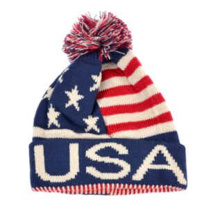 selini winter hat - knit, cuffed beanie with pom pom, usa flag design, warm fun for cold days, small-medium