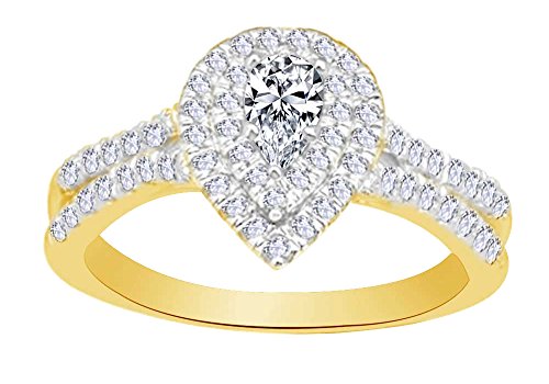 AFFY 0.62 CT White Natural Diamond Pear Shape Pinched Shank Double Halo Engagement Wedding Ring In 14k Yellow Gold With Ring Size 9