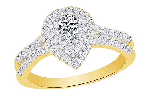 AFFY 0.62 CT White Natural Diamond Pear Shape Pinched Shank Double Halo Engagement Wedding Ring In 14k Yellow Gold With Ring Size 9