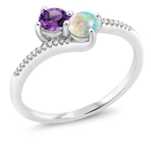 gem stone king 10k white gold forever united 2 stone purple amethyst and white simulated opal and diamond engagement ring for women (0.66 cttw, round, avaiable in size 5,6,7,8,9)