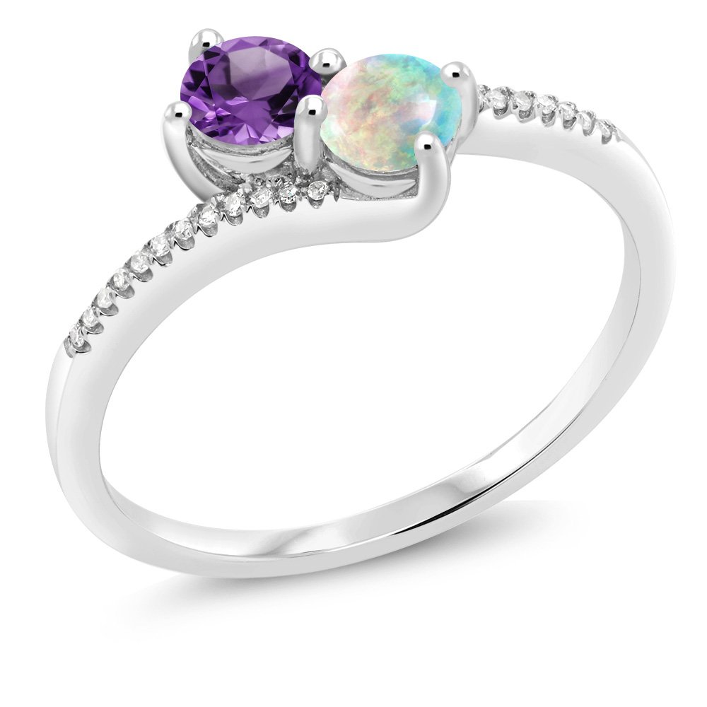 Gem Stone King 10K White Gold Forever United 2 Stone Purple Amethyst and White Simulated Opal and Diamond Engagement Ring For Women (0.66 Cttw, Round, Avaiable in Size 5,6,7,8,9)