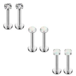 ruifan 3mm white opal & clear cz internally threaded stainless steel labret monroe lip ring tragus helix earring stud 16g 1/4" 6mm 6pcs