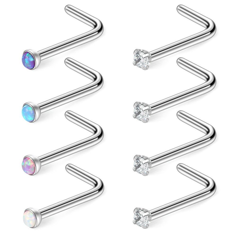 Ruifan 20G 316L Surgical Steel 1.5mm Mix Color Jeweled Opal & Clear CZ Nose L-Shaped Rings Studs Ring Body Piercing Jewelry 8PCS