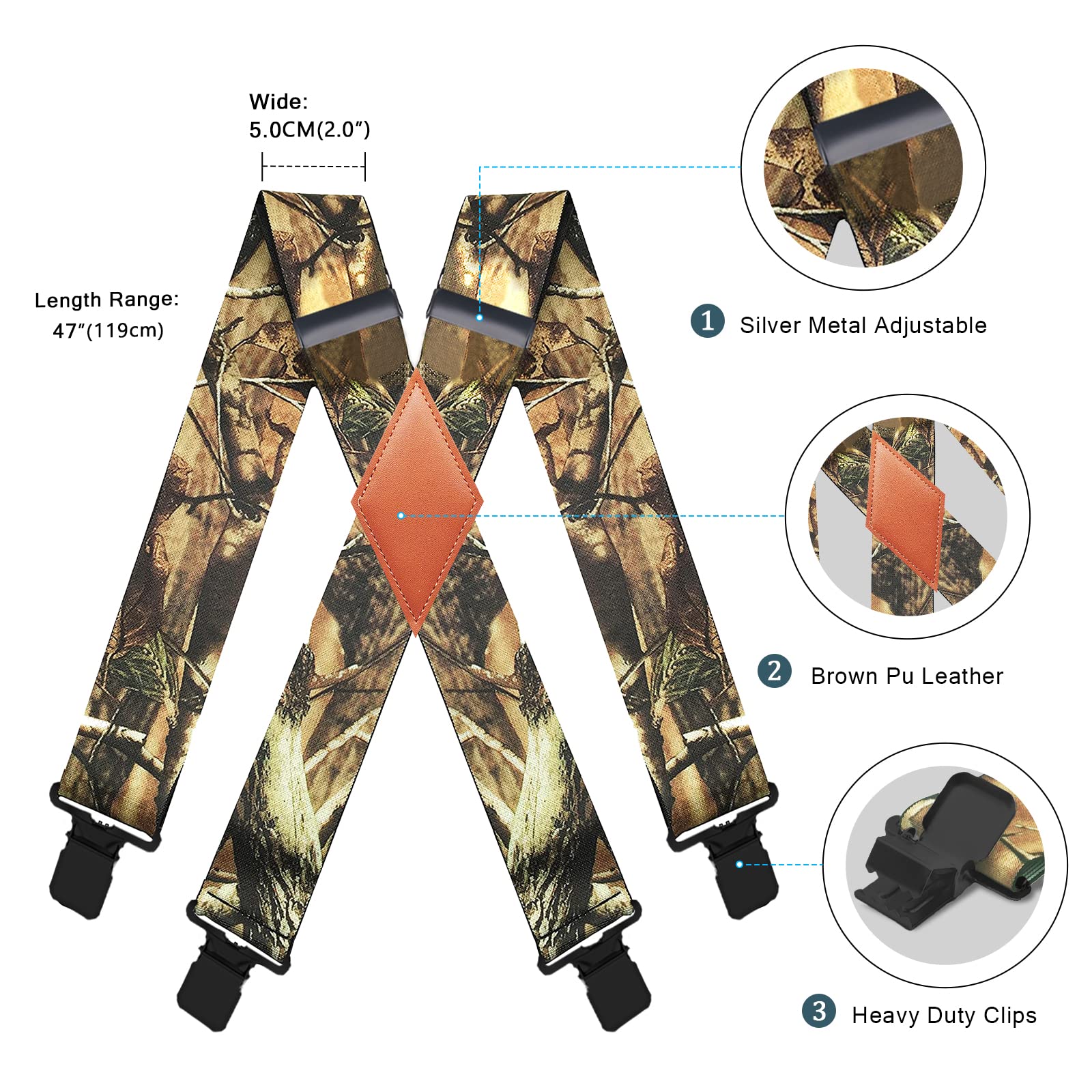 MENDENG Men's Camouflage Clip-End Suspenders 2" Strong Clips Heavy Duty Braces