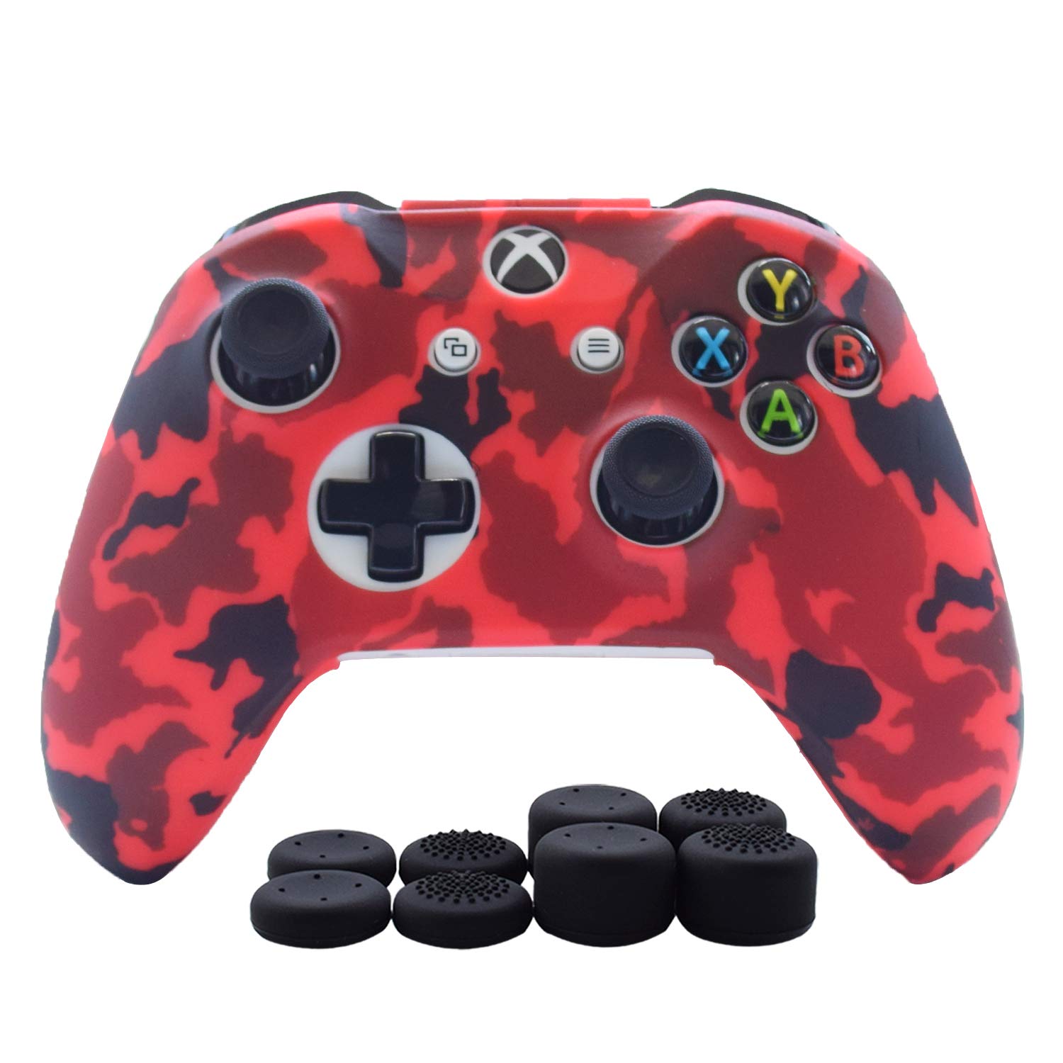 Hikfly Silicone Gel Controller Cover Skin Protector Kits for Xbox One Controller Video Games(1 x Controller Camouflage cover with 8 x Thumb Grip Caps)(Red)