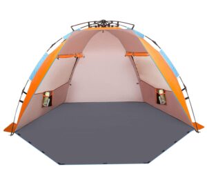 oileus x-large 4 person beach tent sun shelter - portable sun shade instant tent for beach with carrying bag, stakes, 6 sand pockets, anti uv for fishing hiking camping, waterproof windproof, orange