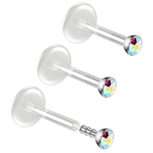 evonix 2pc 16g 8mm labret studs lip bioflex push in monroe ring tragus flexible piercing aurora borealis ab