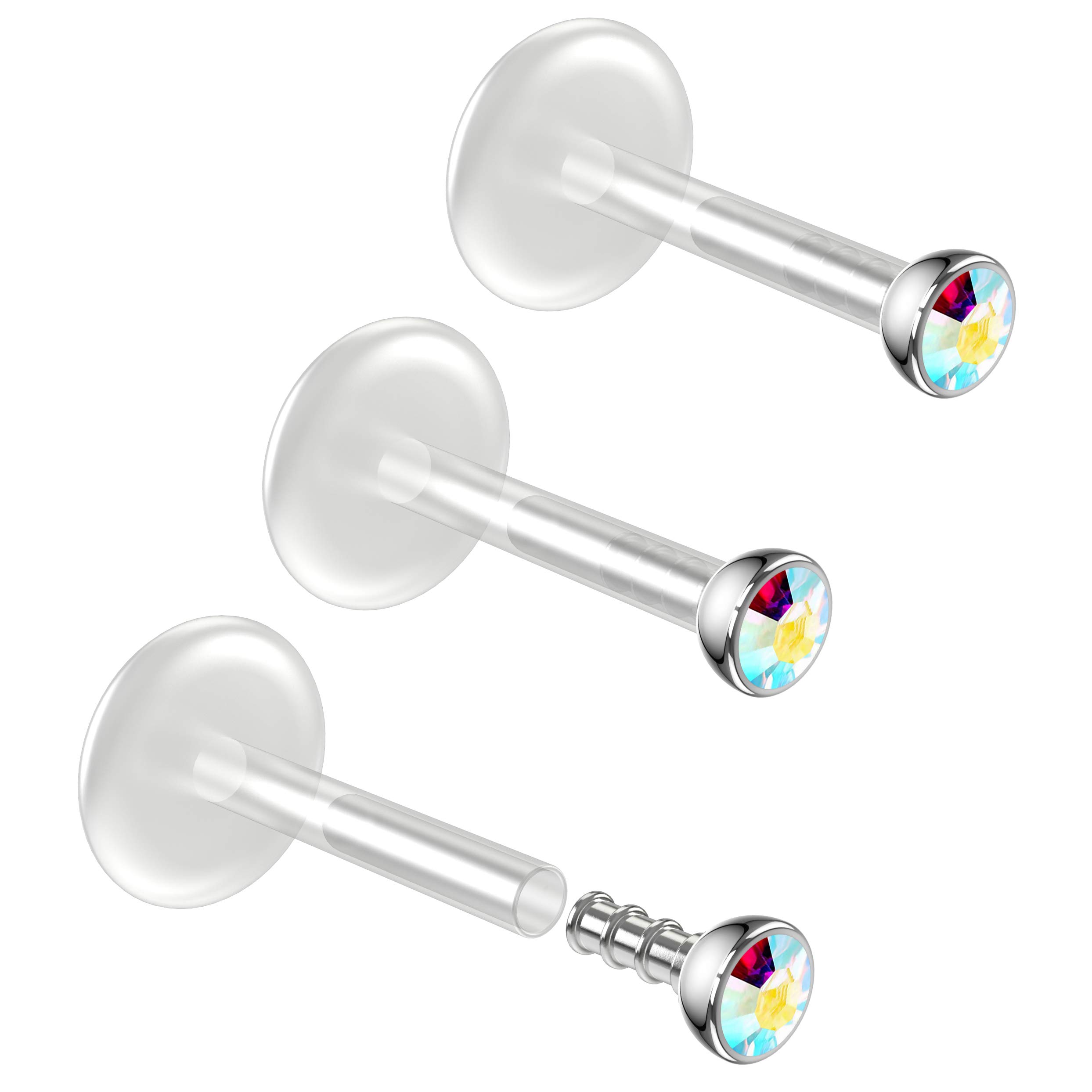 Evonix 2pc 16g 8mm Labret Studs Lip Bioflex Push In Monroe Ring Tragus Flexible Piercing Aurora Borealis AB