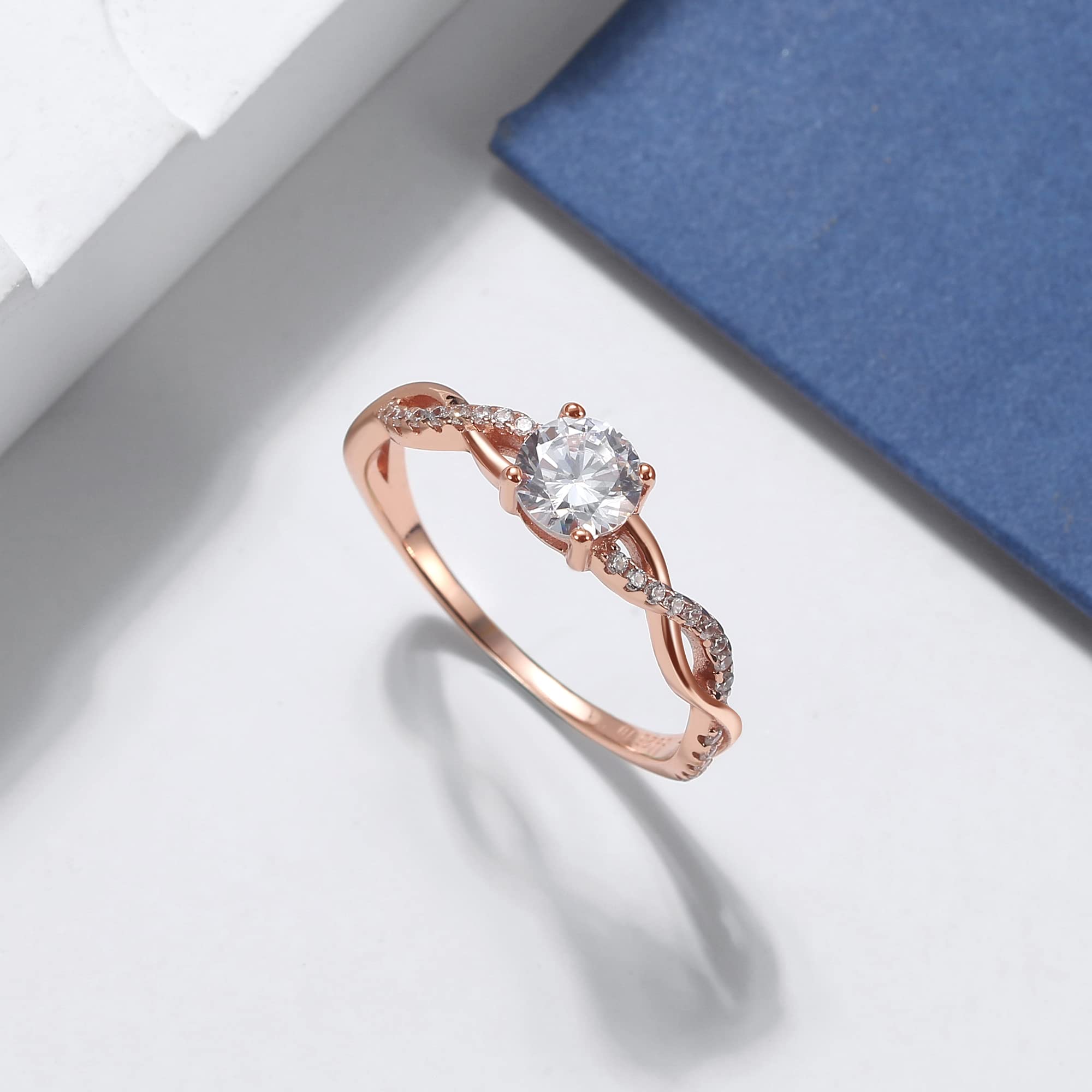 Twist CZ Engagement Rings for Women by Ginger Lyne | 1 Ct Faux Diamond Ring | 925 Sterling Silver 14K Rose Gold Wedding Rings for Women | Travel Promise Rings for Her - Size 6