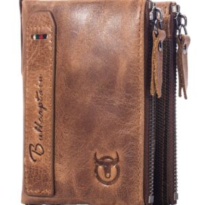 BULLCAPTAIN Genuine Leather Wallet for Men Vintage Bifold with Double Zipper Pockets (Brown)