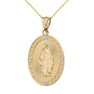 religious jewelry 10k yellow gold blessed virgin mary miraculous oval medal diamond necklace (1"), 20"