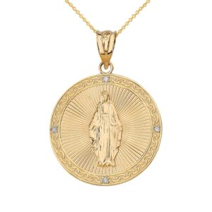 sideways crosses religious jewelry 14k yellow gold blessed virgin mary miraculous round medal diamond necklace (small), 20"