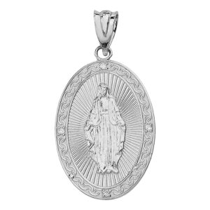 .925 sterling silver cz blessed virgin 3/4" oval medal pendant