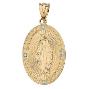 religious jewelry 10k yellow gold blessed virgin mary miraculous oval medal diamond pendant (1")