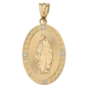 religious jewelry 14k yellow gold blessed virgin mary miraculous oval medal diamond pendant (1")